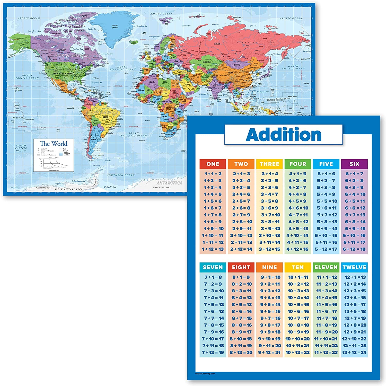 2 Pack - World Map Poster [Blue Ocean] & Addition Math Chart (Laminated ...