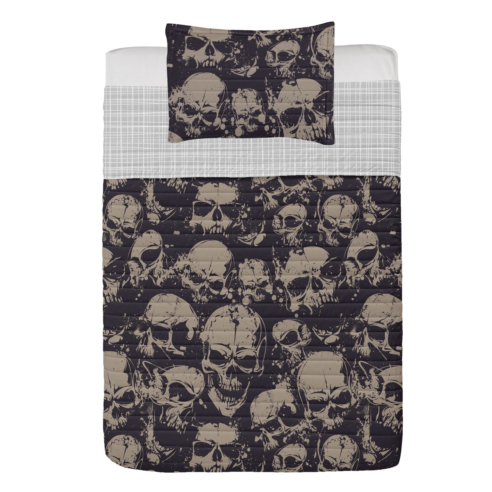 Skull Reversible Bedspread Set, Grunge Scary Skulls Sketchy Graveyard ...