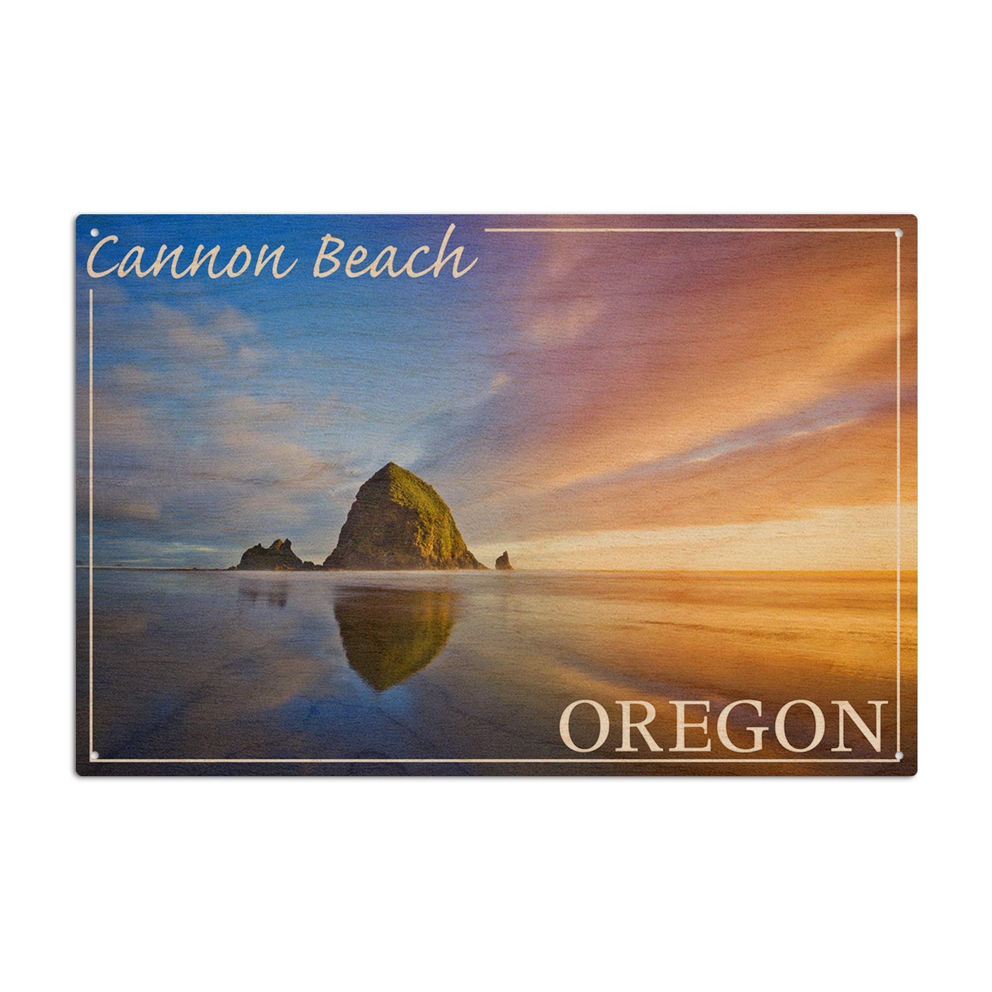 Cannon Beach, Oregon, Haystack Rock at Sunset Birch Wood Wall Sign (6x9 ...