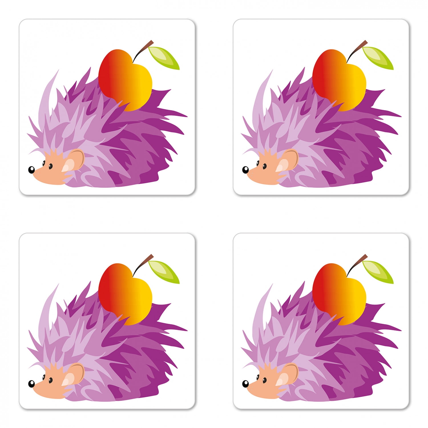 Hedgehog Coaster Set of 4, Abstract Animal an Apple Cartoon Style ...