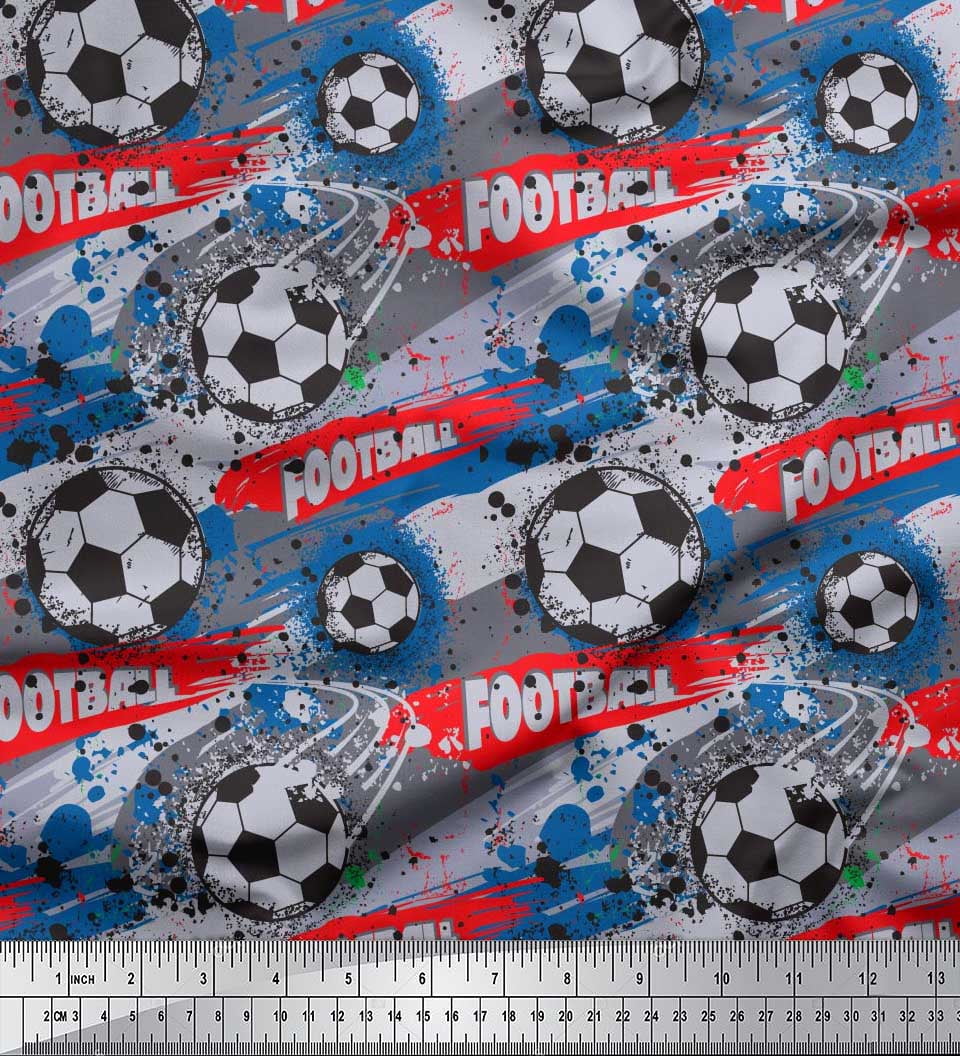 Soimoi Grey Cotton Jersey Fabric Brush Stroke & Football Sports Print ...