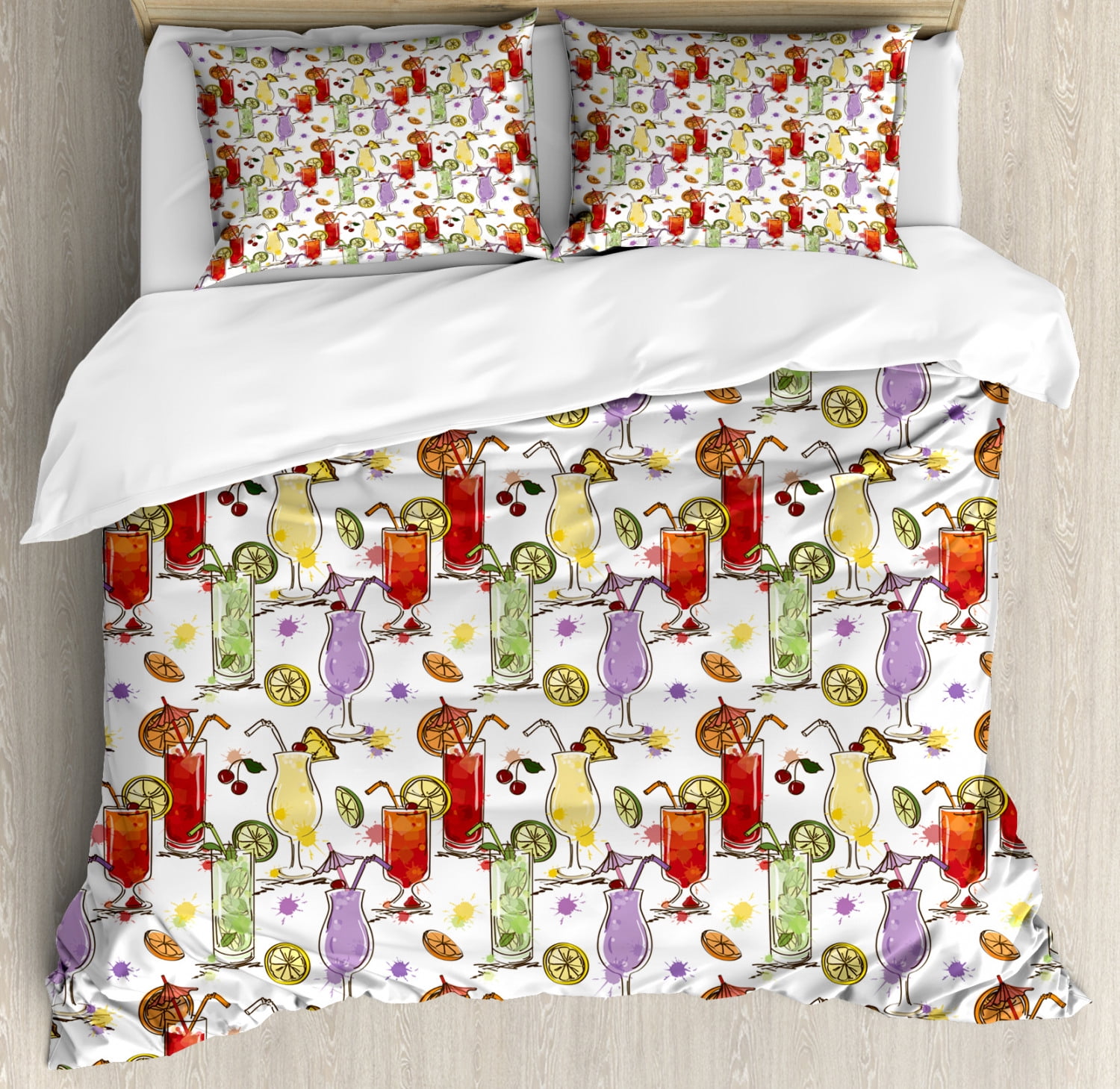 Bar Duvet Cover Set Queen Size, Watercolor Style Cocktails Summer Party ...