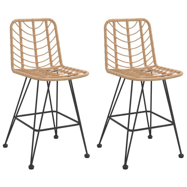 vidaXL Rattan Bar Stool 2 Pcs Stool with Back and Footrest PE Rattan ...