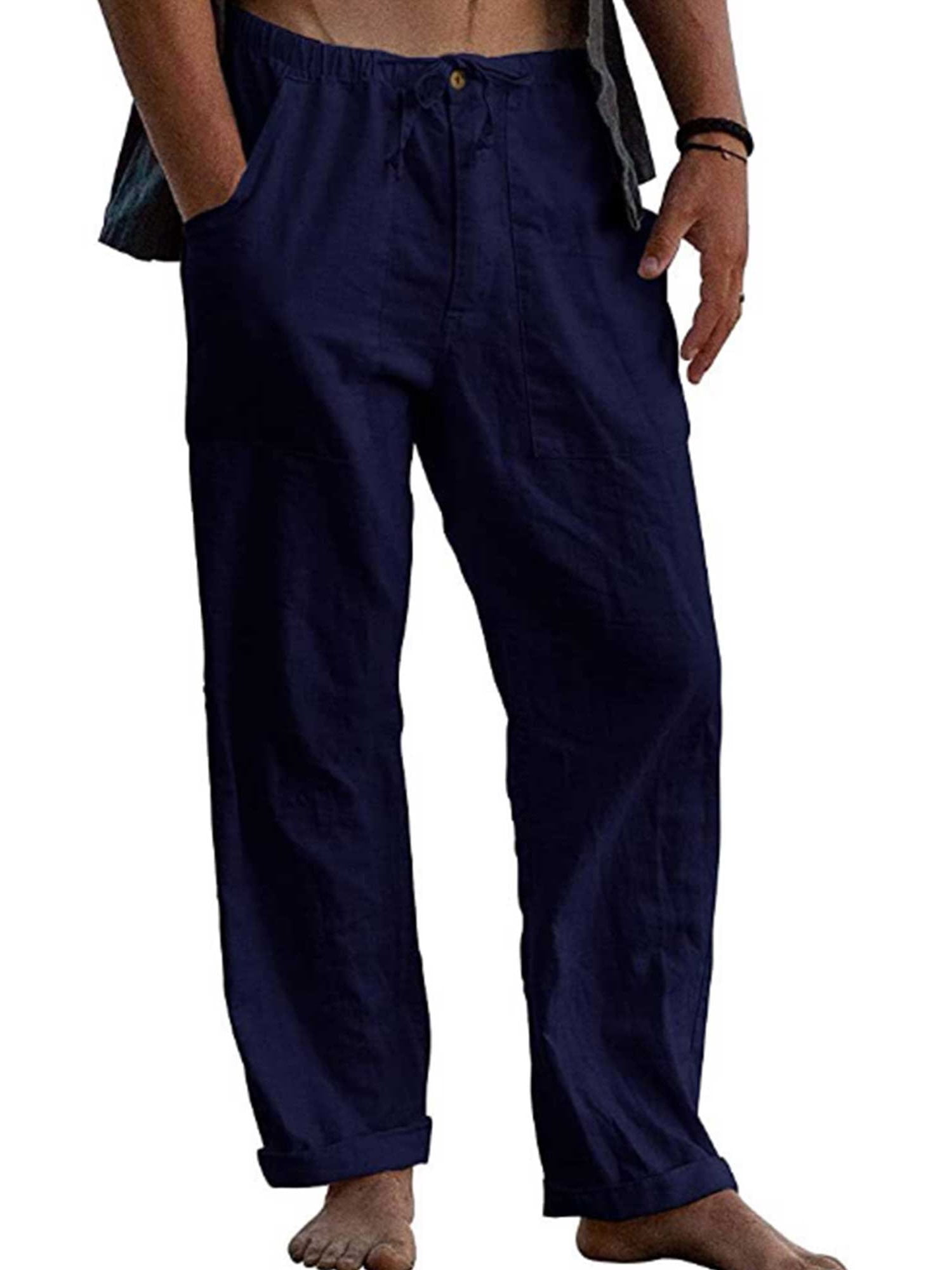 Znu Mens Cotton Linen Baggy Trousers Wide Leg Elastic Waist Casual