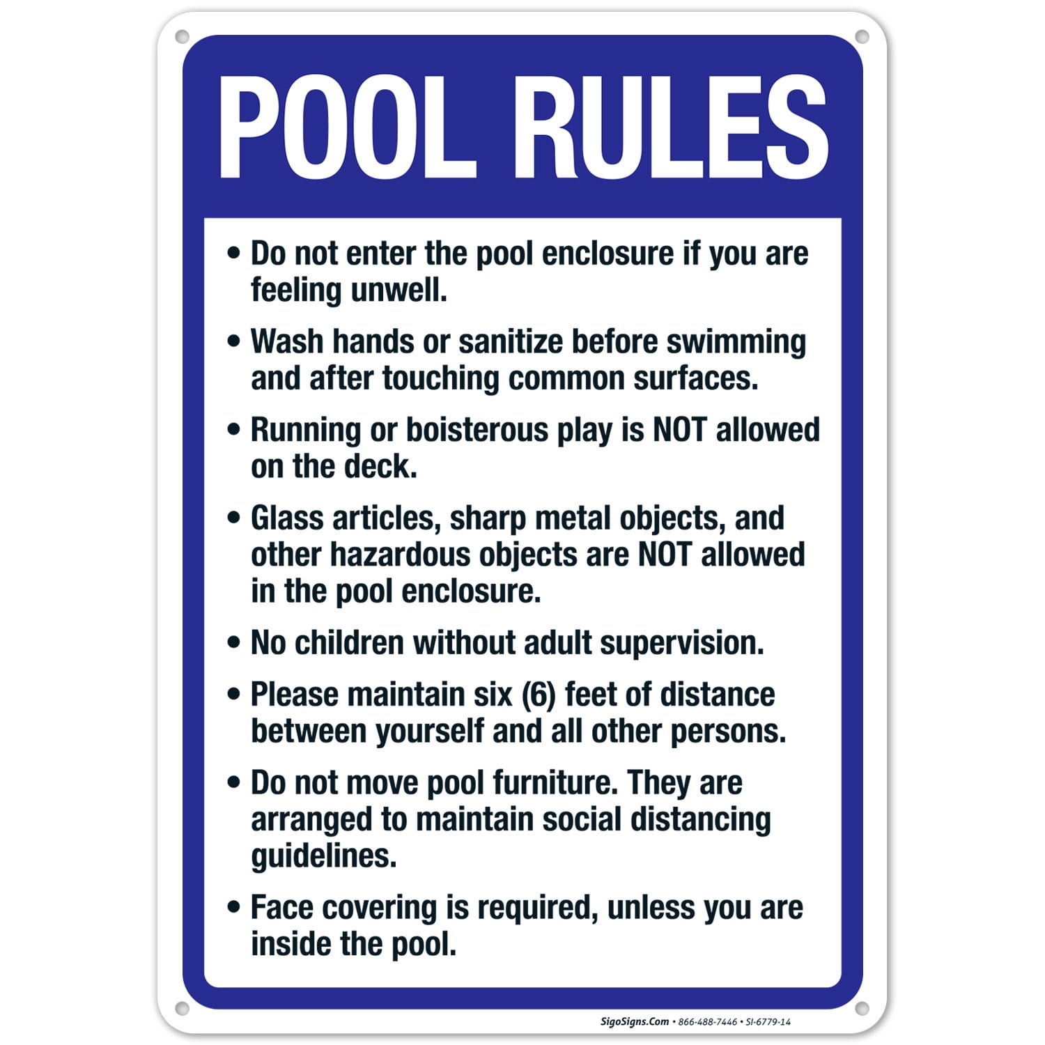 Pool Rules Sign, Pool Sign, (SI-6779) 18x18 Reflective Aluminum ...