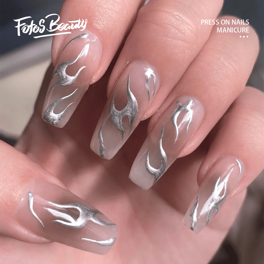 Fofosbeauty 24pcs Press on False Nails Tips, Coffin Fake Nails, Silver ...