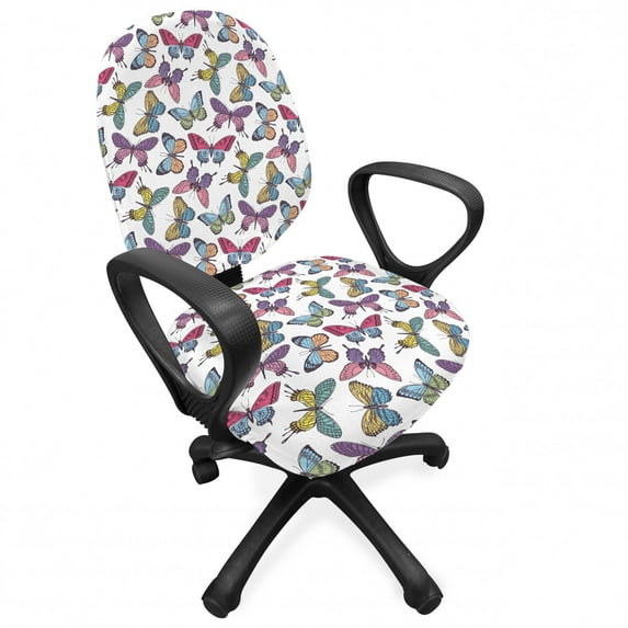 Butterfly Office Chair Slipcover, Multicolored Hand Drawn Delicate ...