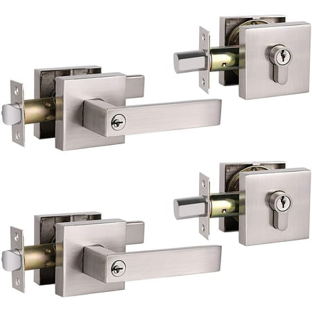 Set of 2 Square Keyed-Alike Front Door Entry Lever Lockset and Double ...