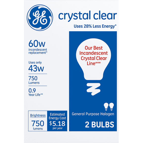 GE Energy-Efficient Dimmable 43-Watt Halogen Light Bulb, Clear, 2-Pack ...