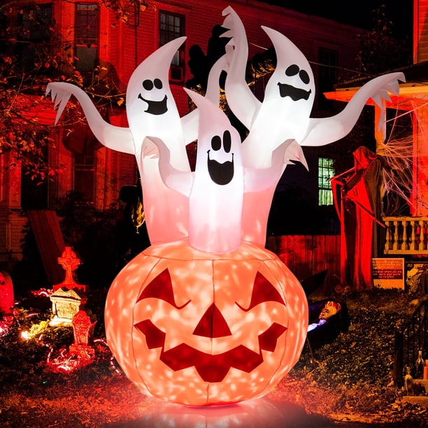 Costway 6 FT Inflatable Halloween Tree White Ghosts with Pumpkin Decor ...