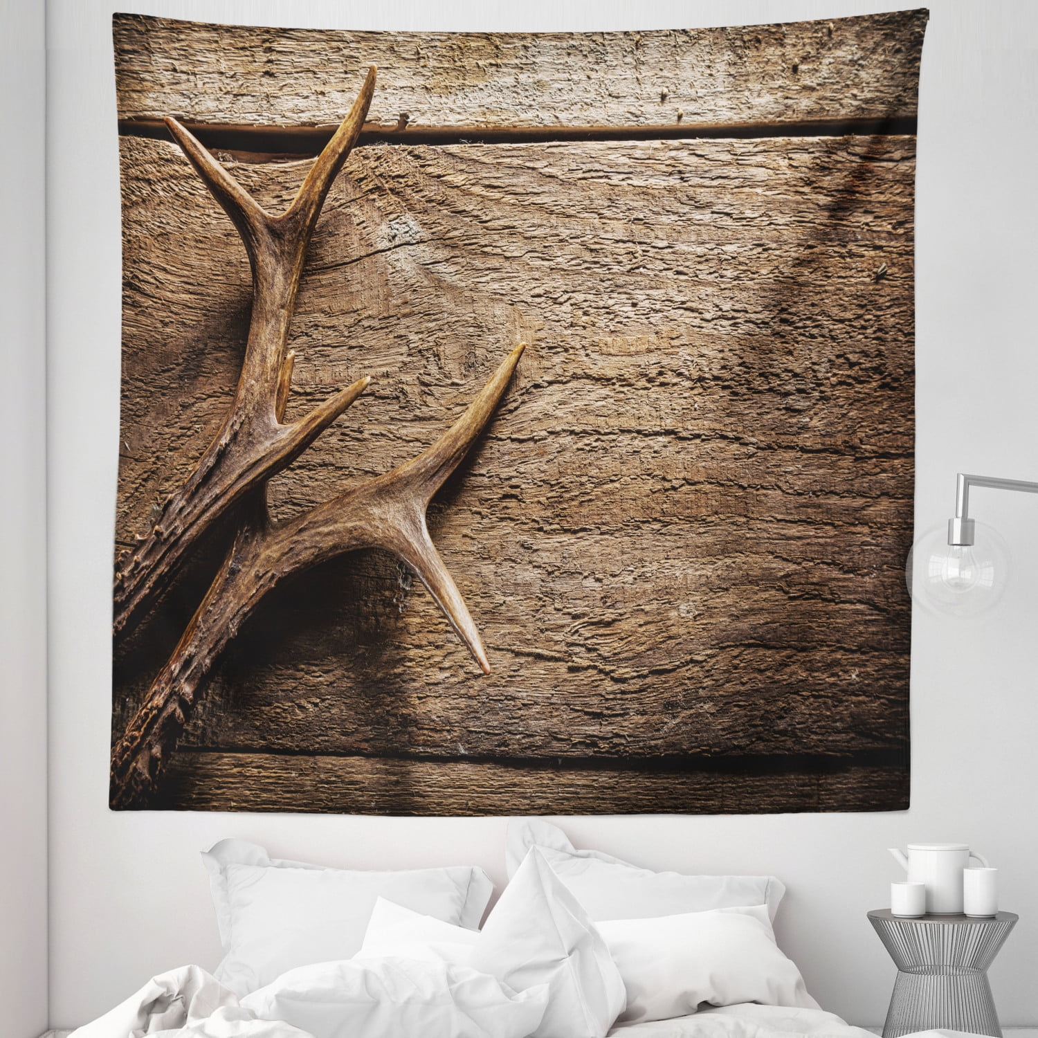 Antlers Tapestry, Deer Antlers on Wood Table Rustic Texture Surface ...