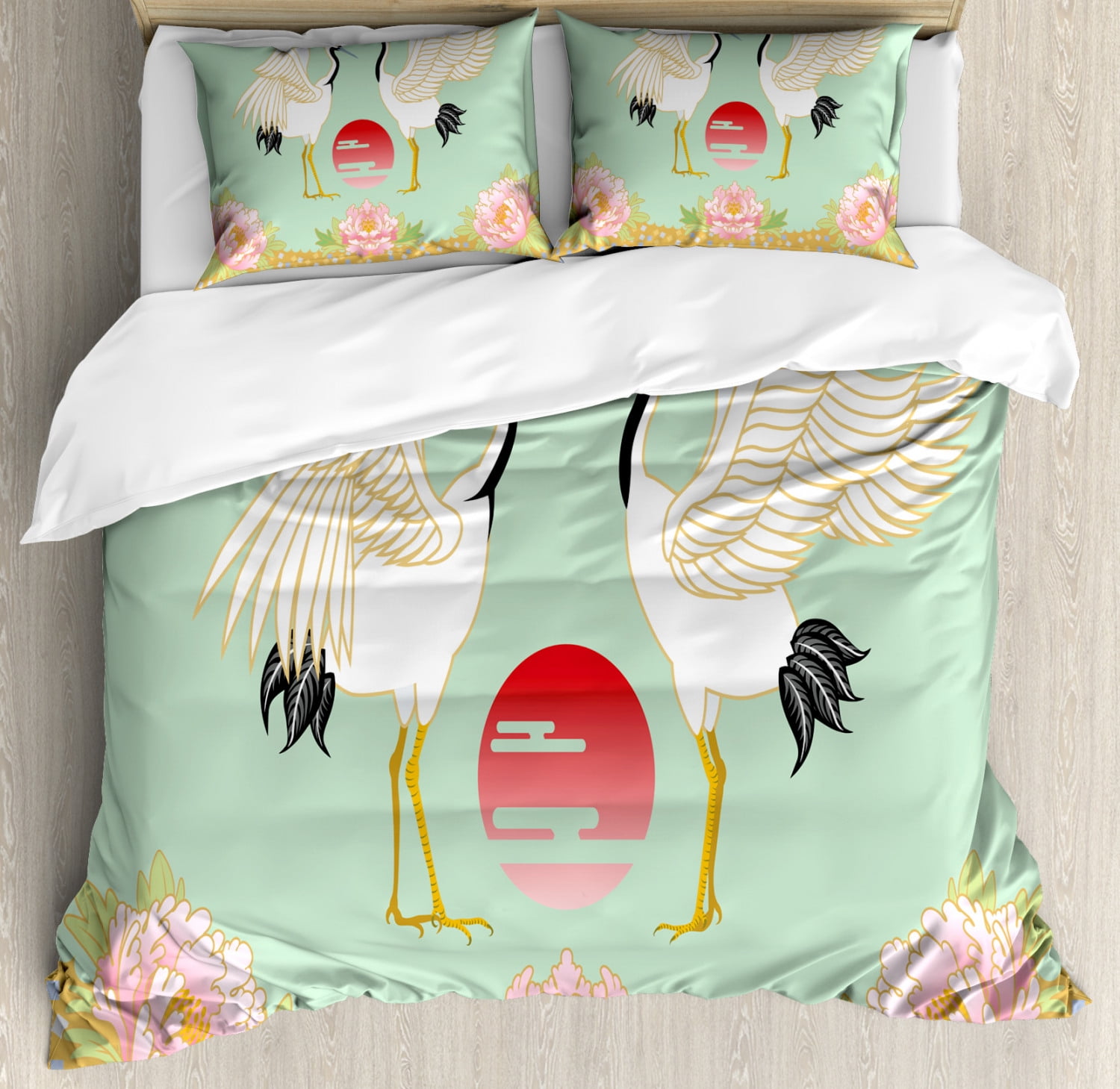 Feather King Size Duvet Cover Set, Japanese Cranes with Simplistic ...