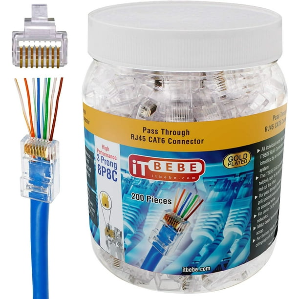 ITBEBE 200 Pieces RJ45 Cat6 Pass Through Connectors for 24 AWG Cables ...