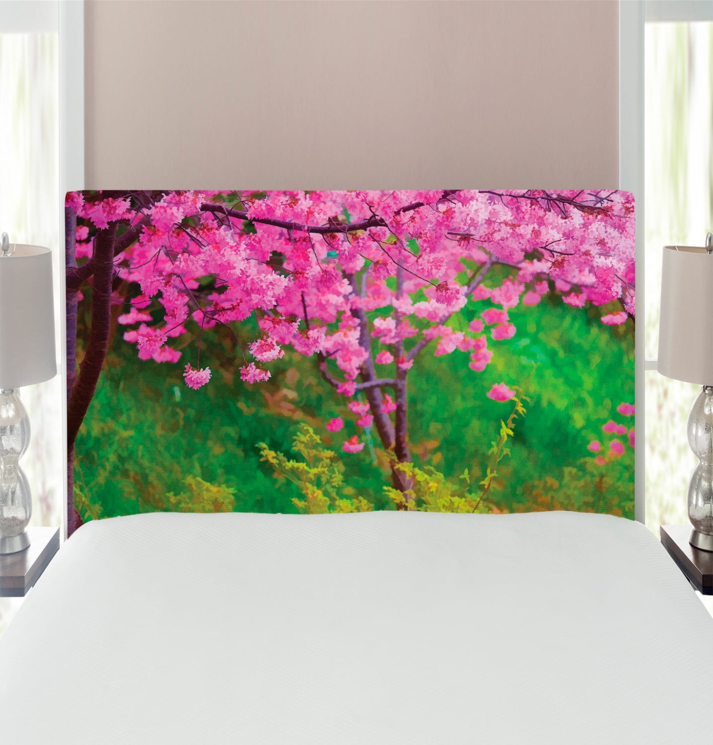 Japanese Headboard, Sakura Flowers Trees in Spring Garden Landscape ...