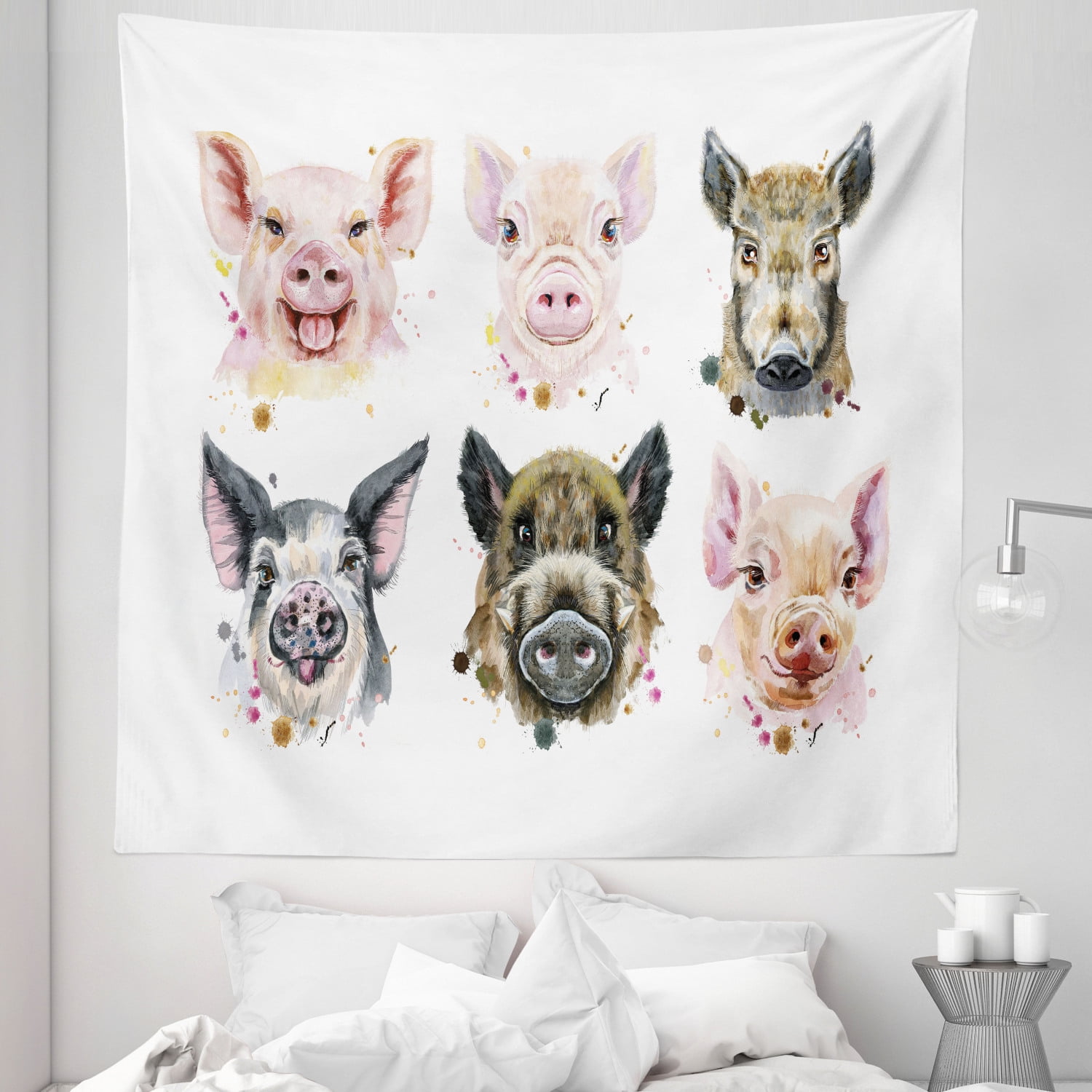 Farm Animal Tapestry, Boar Piglet Graphic of Breeds of Pig in ...