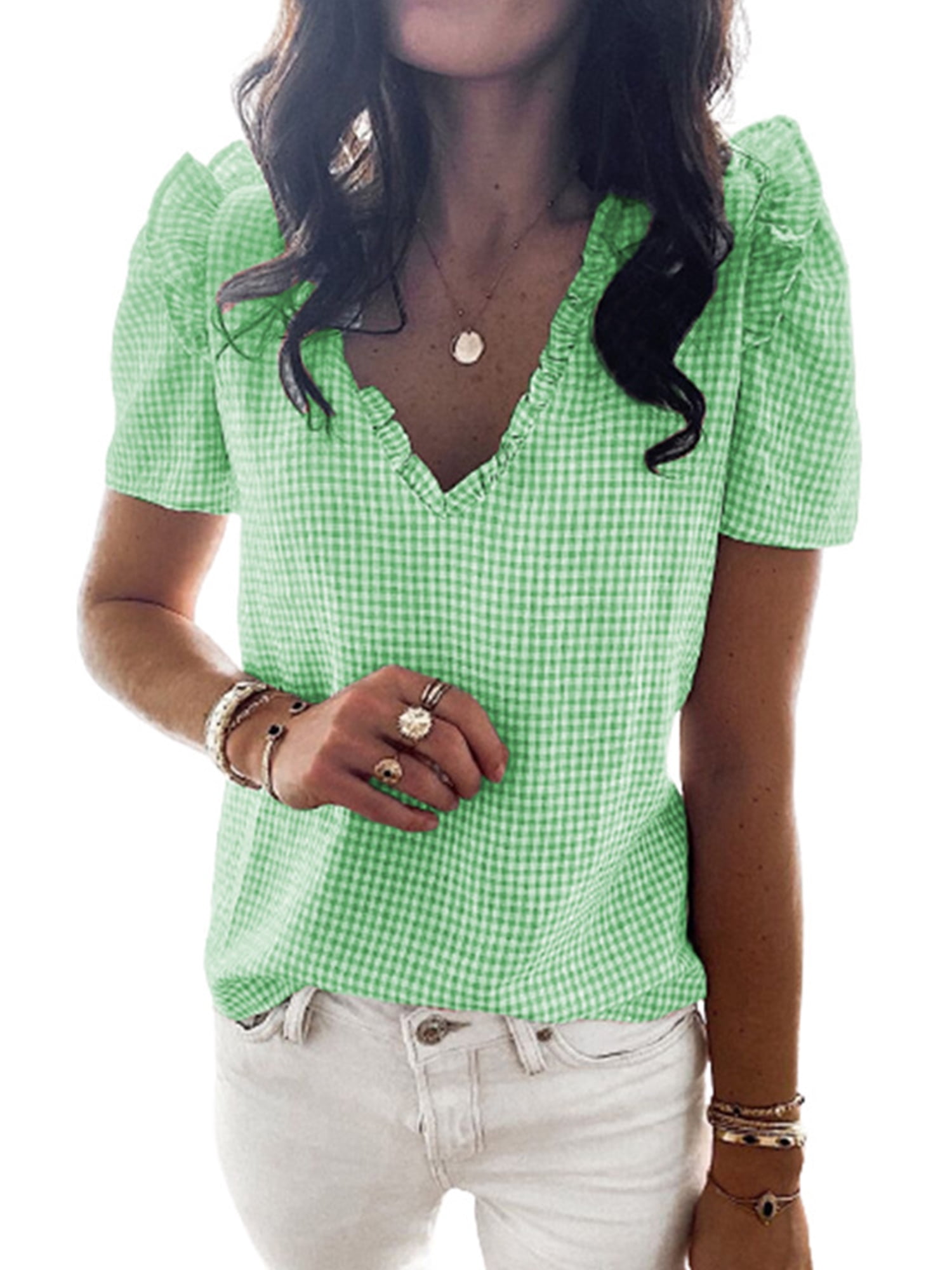 Sexy Dance Women Summer Casual T Shirt Lattice Printed V Neck Puff ...