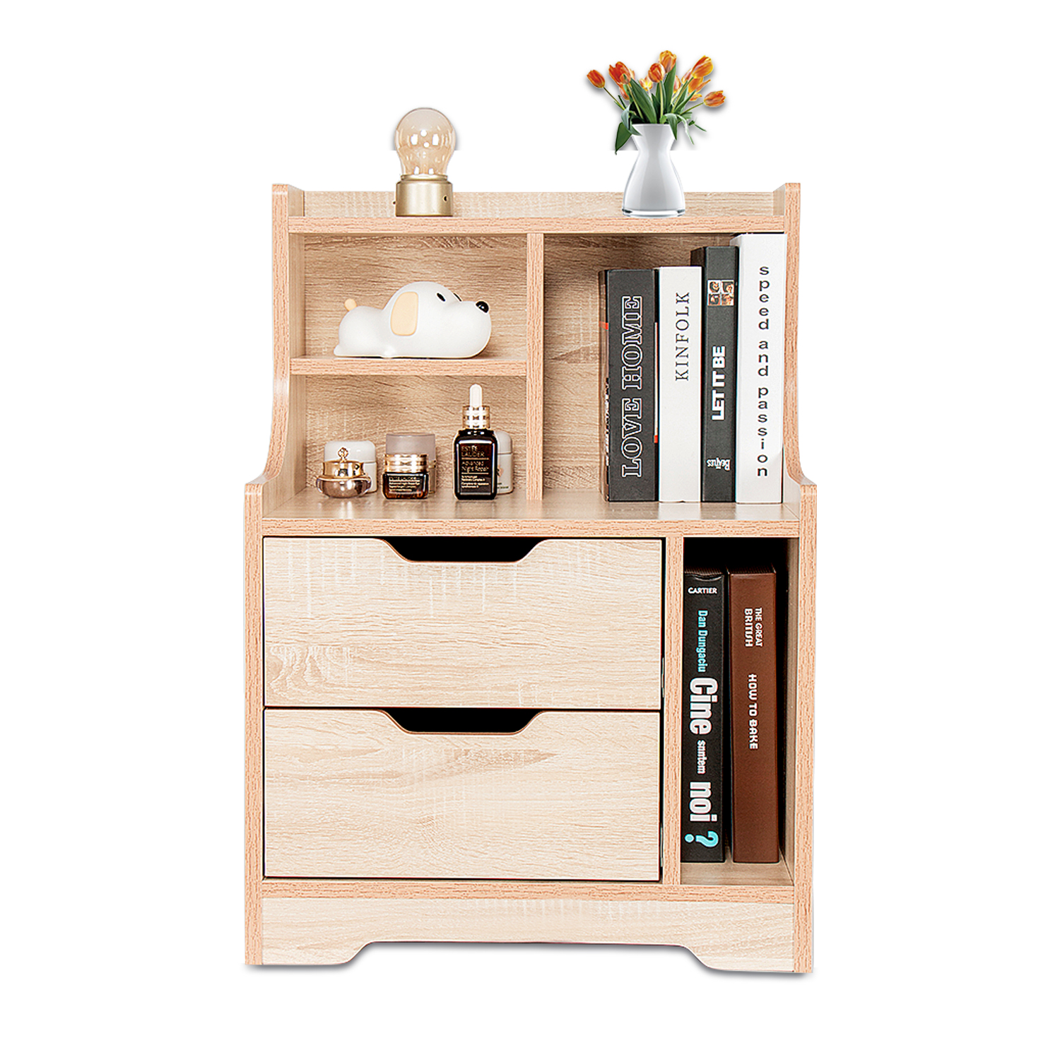 ELECWISH Wooden Bedside Table with Storage Shelf 2 Drawers Nightstand ...