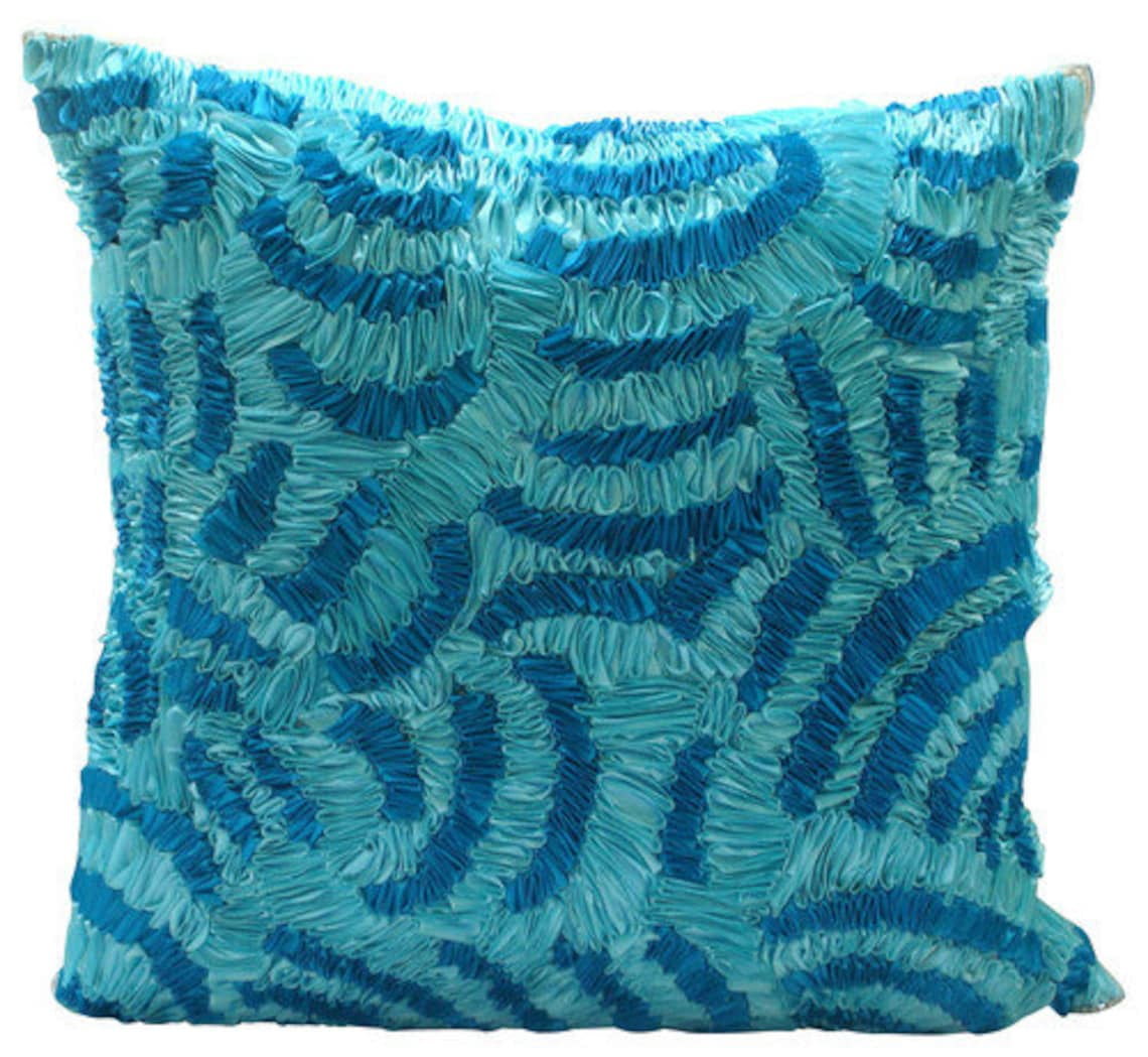 22x22 inch (55x55 cm) Pillow Cover, Blue Throw Pillow Cover, Ribbon ...
