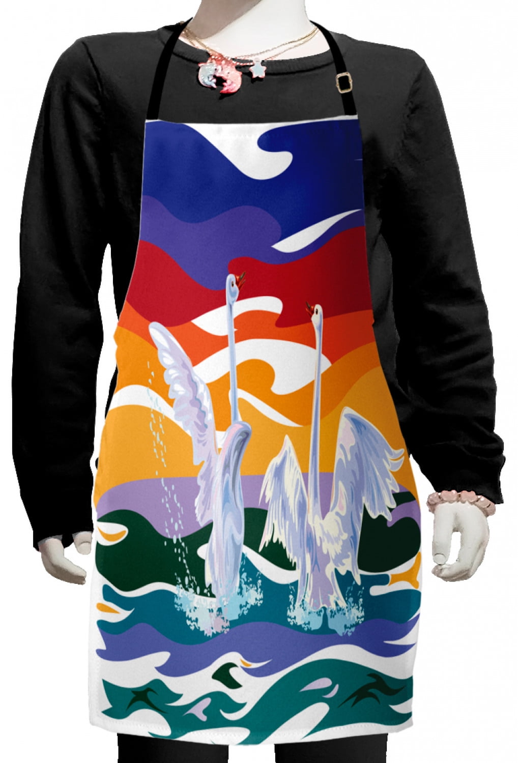 Swan Kids Apron, Funky Style Image Swan Couple Swimming in Sea Rainbow ...
