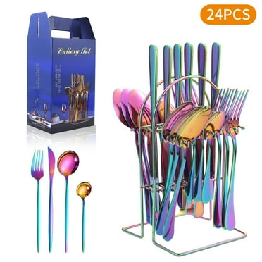 Colorful Silverware Set, 24-Piece Stainless Steel Rainbow Flatware Set ...