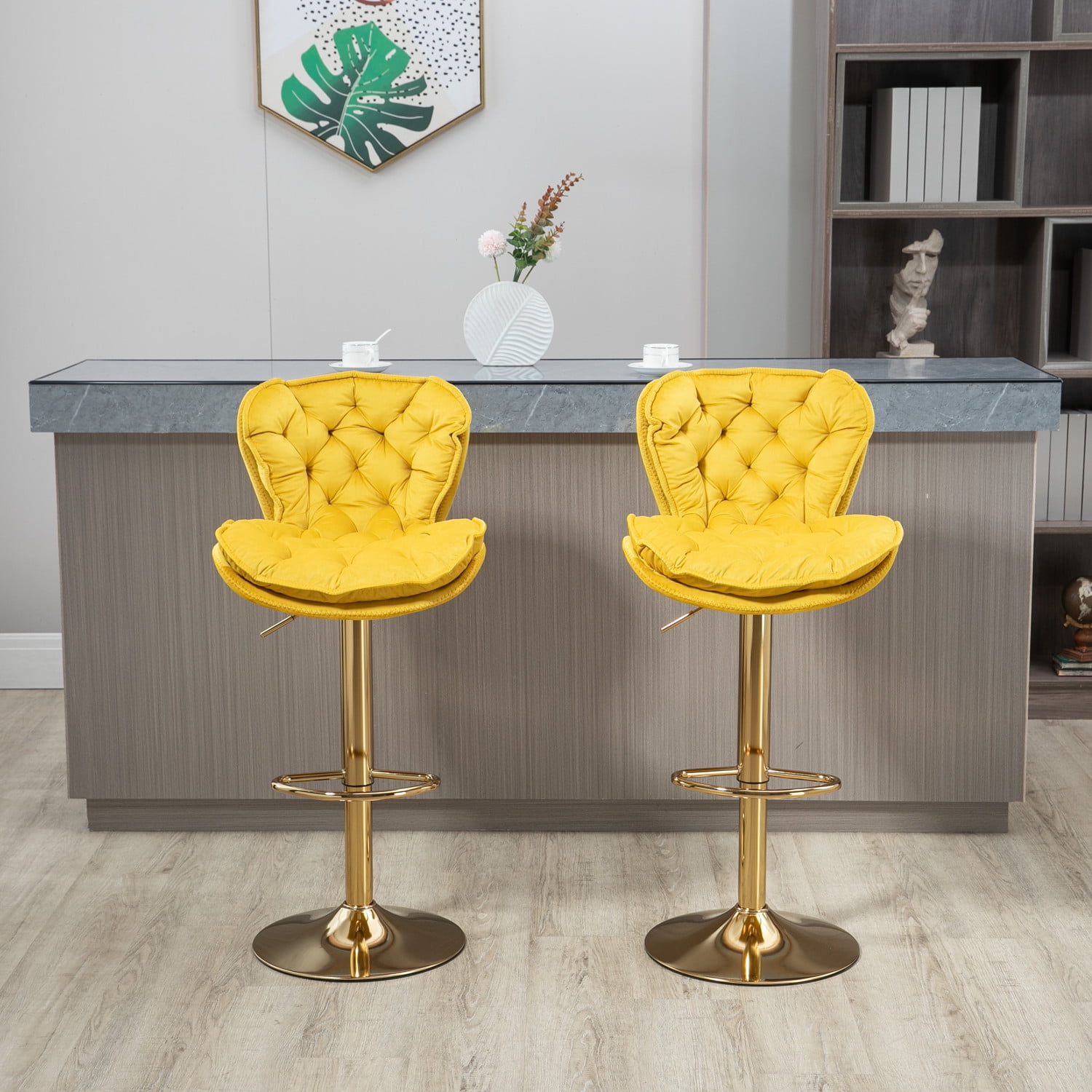Set of 2 Bar Stools, Counter Height Bar Chairs with Round Metal Base ...