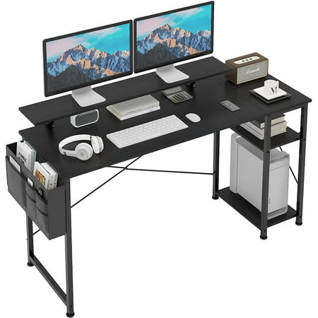 39 Inch Computer Desk with Monitor Stand & 2-Tier Storage Shelves, Home ...