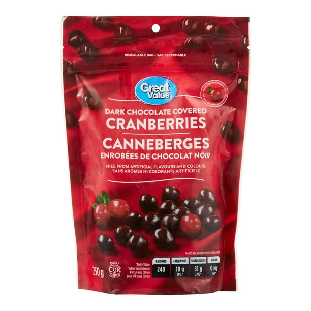 Great Value Dark Chocolate Covered Cranberries, 250 g - Walmart.ca