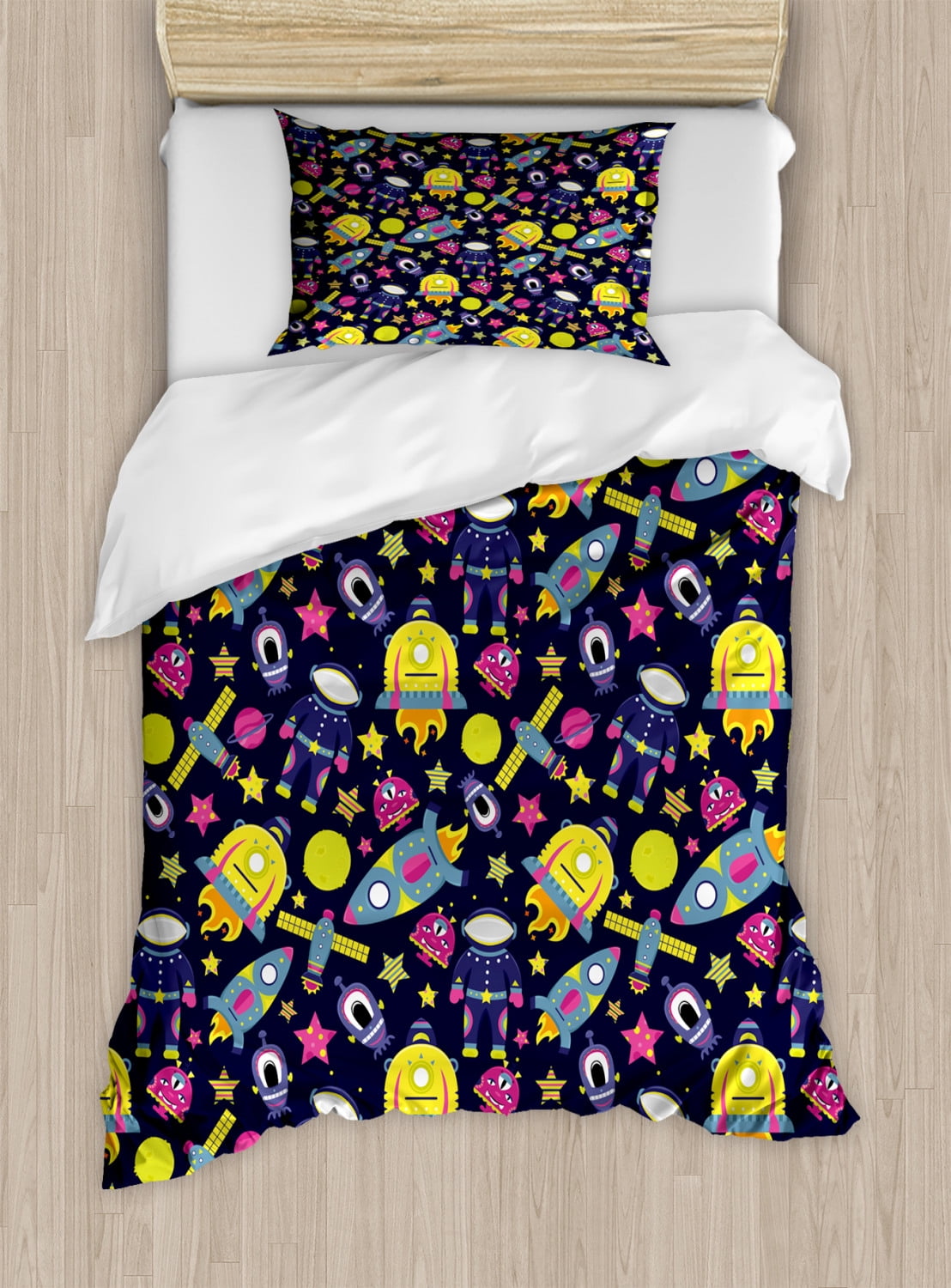 Alien Duvet Cover Set Twin Size, Vibrant Concept of Spaceships Planets ...