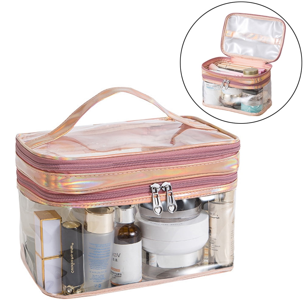 Clear Makeup Bag,WQFSTORE Double Layer Clear Plastic Cosmetic Bag with ...