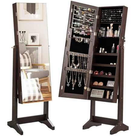Free Standing Jewelry Cabinet with Full Length Mirror, 2-in-1 Lockable ...