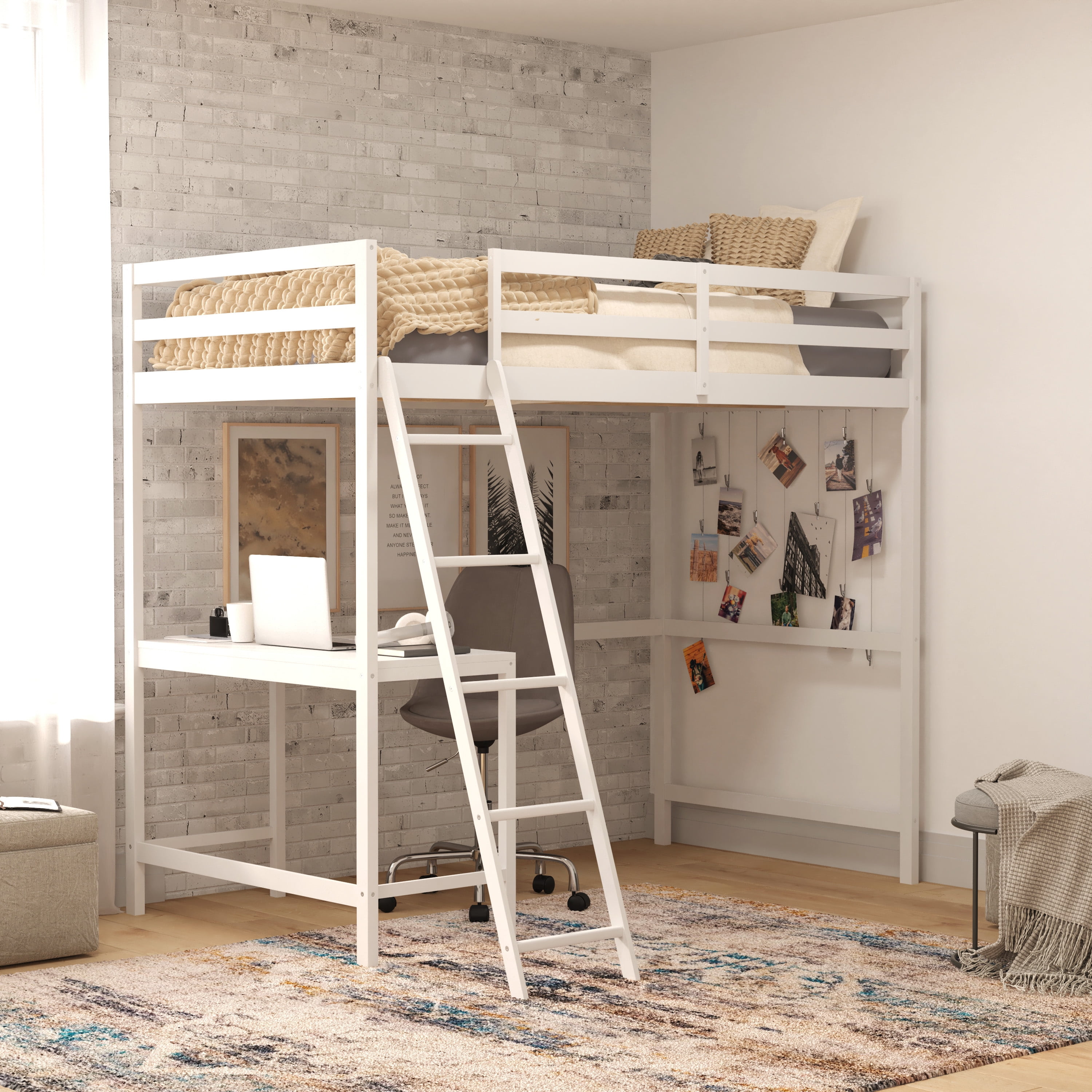 BizChair Loft Bed Frame with Desk, Twin Size Wooden Bed Frame with ...