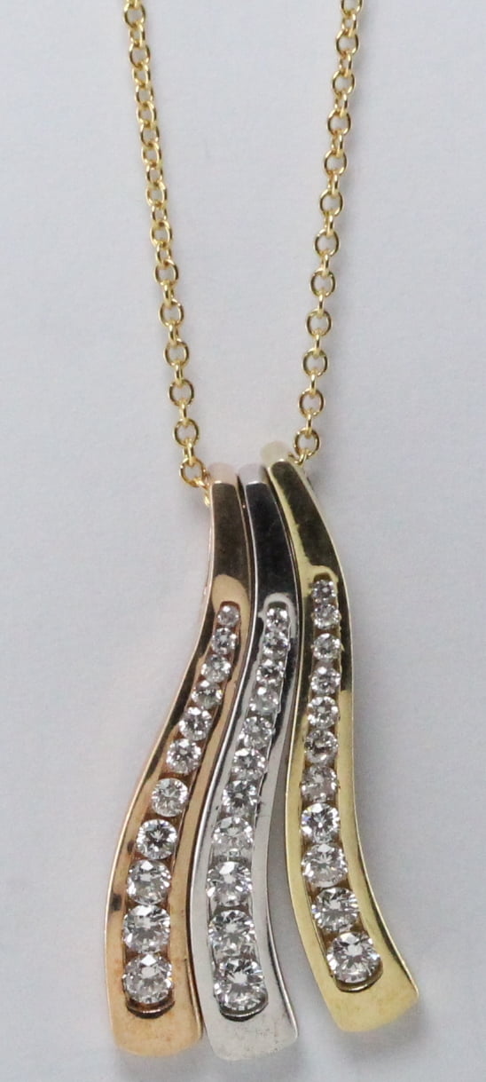 14k 3 Tone Gold Round Vertical triple curved diamond channel set bar ...