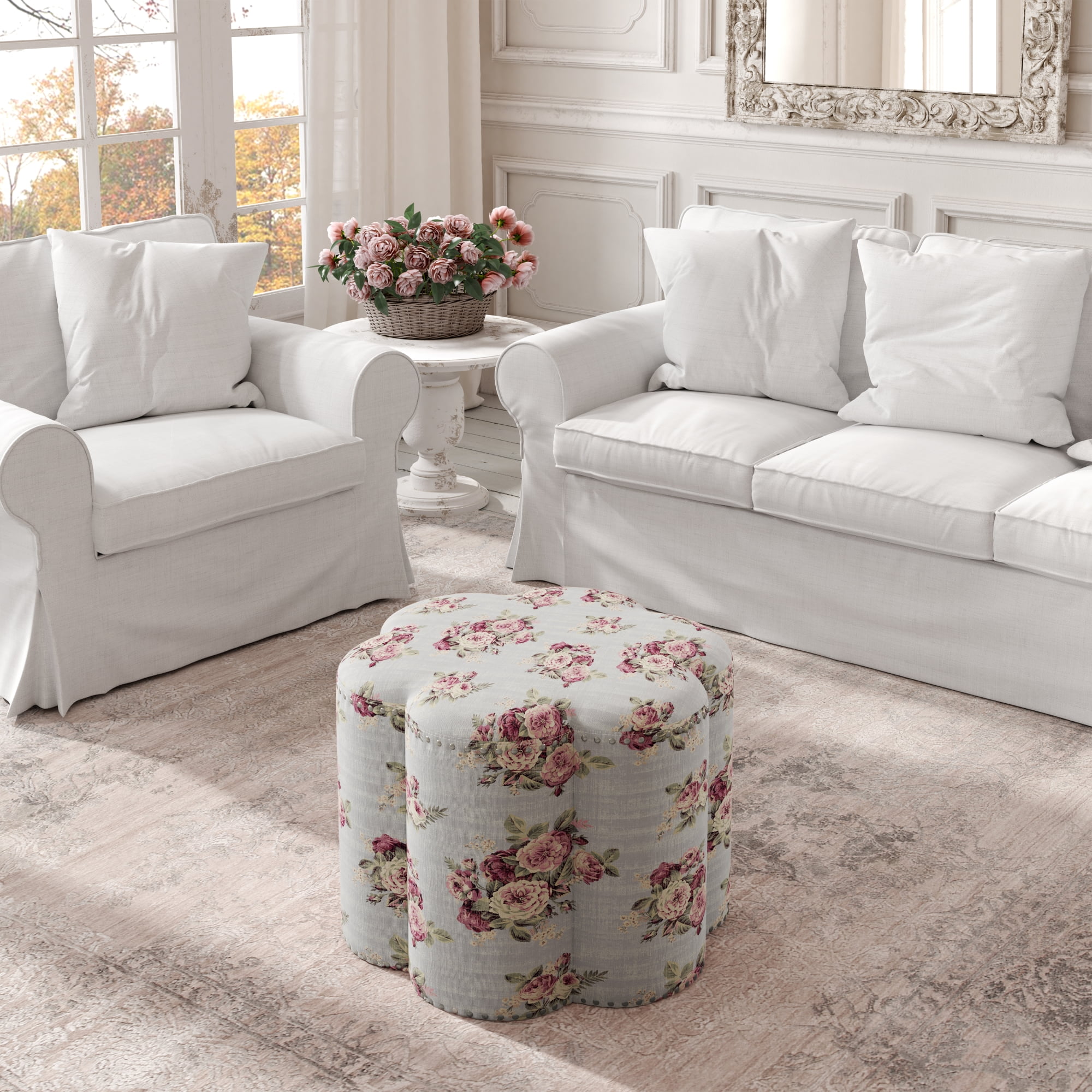 Rustic Manor Lavigne Linen Flower Shaped Ottoman with Nailhead Trim ...