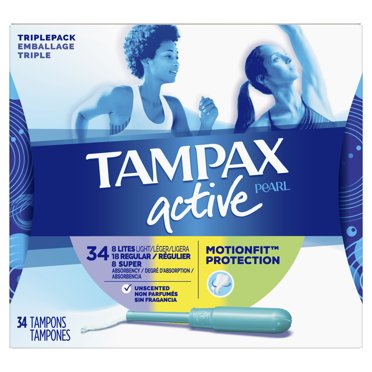 Tampax Pearl Active Light Plastic Tampons, Unscented, 144 Count ...