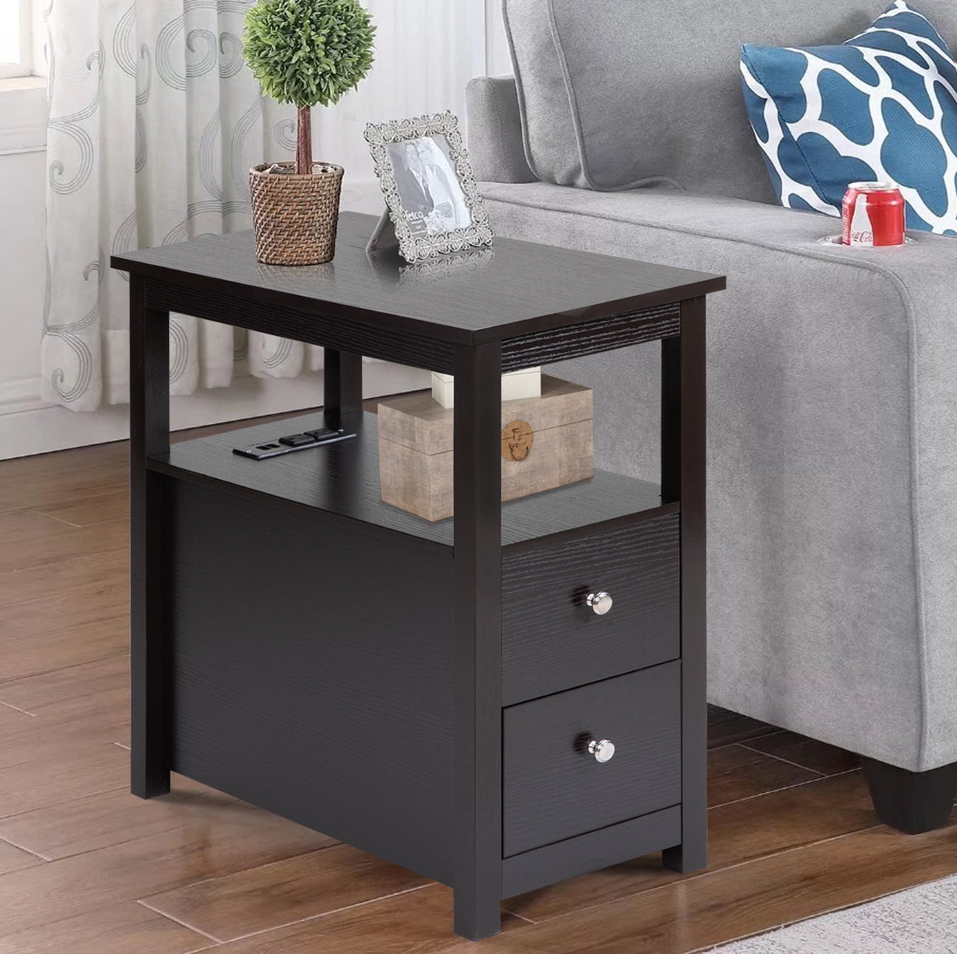 Side Table with Charging Station, End Table with USB Port and 2 Drawers ...