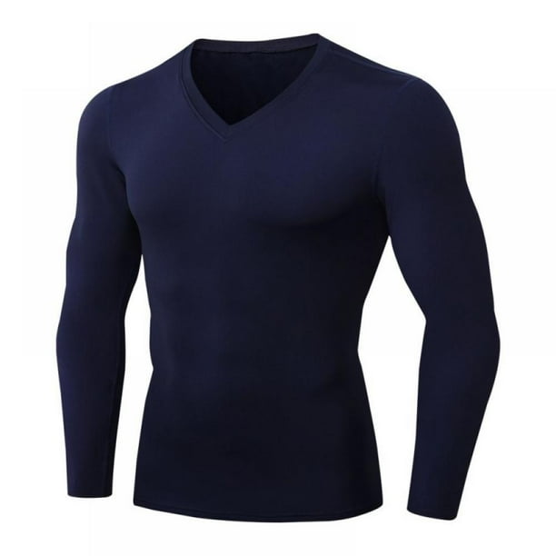 Men's Dry Fit Long Sleeve Compression V-neck Shirts Workout Running ...