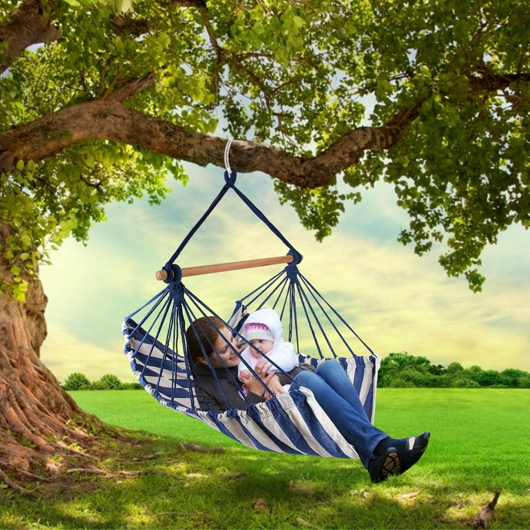 iMountek Hanging Chair Canvas Porch Patio Swing Seat Portable Camping Rope Seat Wooden Stick Hammock Chair Blue