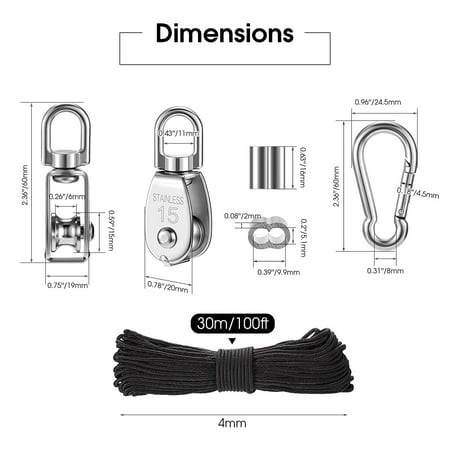 19 Pieces M15 Single Pulley Block Set 6 Pieces 304-Stainless Steel Wire ...