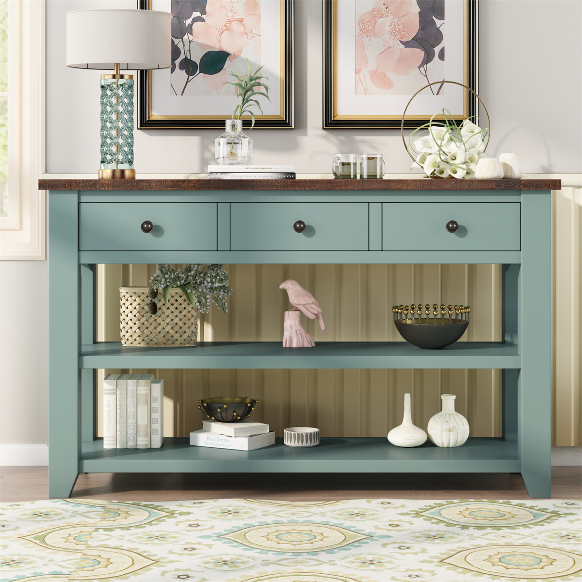 Modern Console Table with 3 Drawers and 2 Shelves, Wood Sofa Table with ...