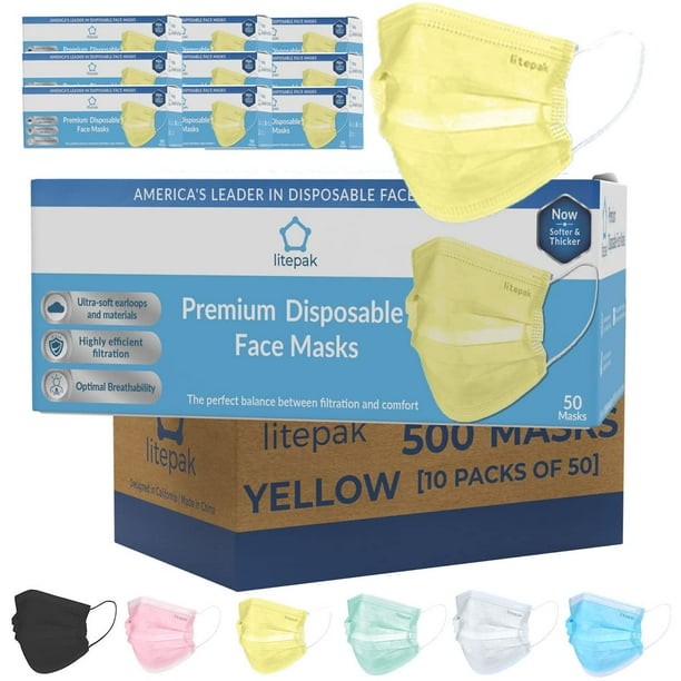 Litepak Premium Disposable Face Masks (500 Masks (10 Boxes), Yellow ...