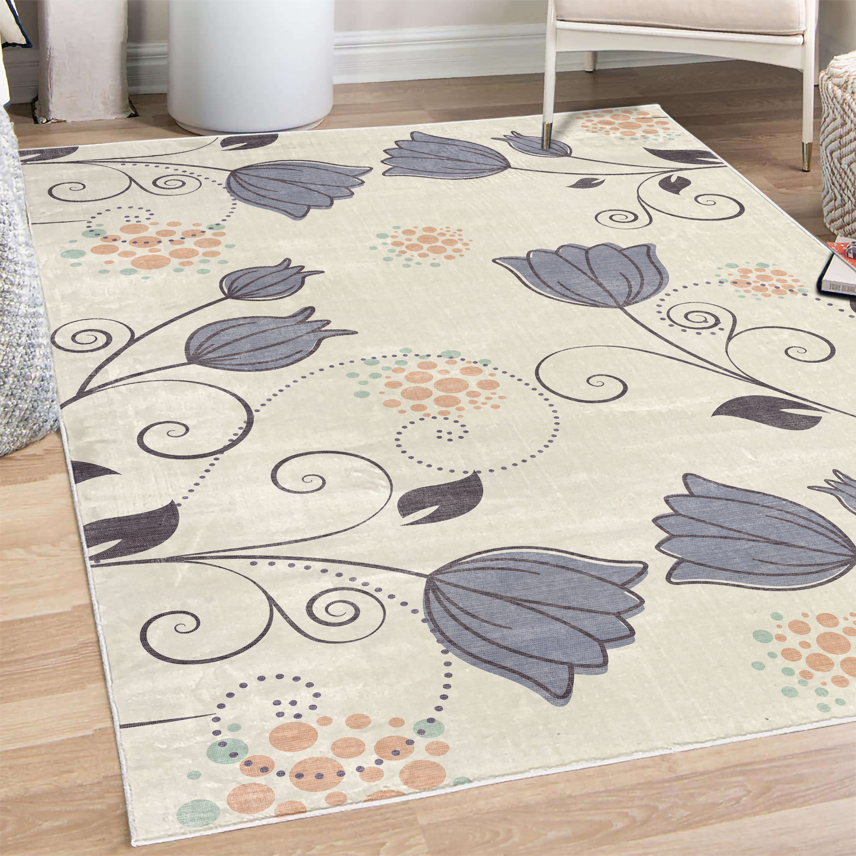 Floral Decorative Rug, Dutch Tulip Ottoman Flowers with Leaves Natural ...