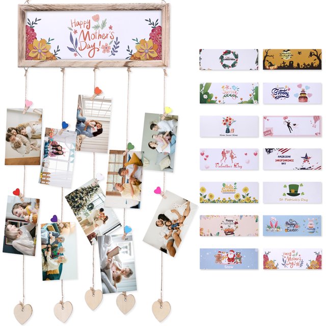 Rustic Wooden Hanging Photo Display, Farmhouse Picture Frame with 30 ...