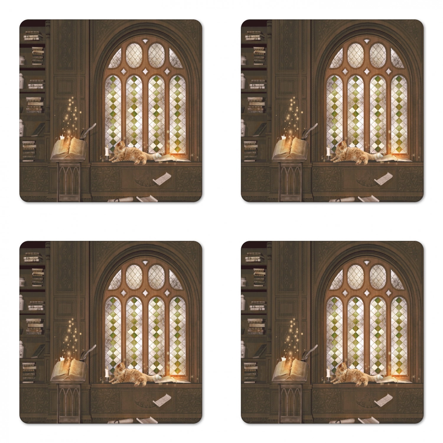 Gothic Coaster Set of 4, Room for Study in the Medieval Library Cat ...