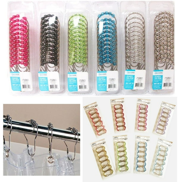 12 Pc Easy Glide Heavy Duty Hooks Decorative Shower Rod Curtain Rings ...