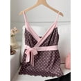 Brown Polka Dot V-Neck Camisole Top With Pink Satin Trim And Front Bow ...