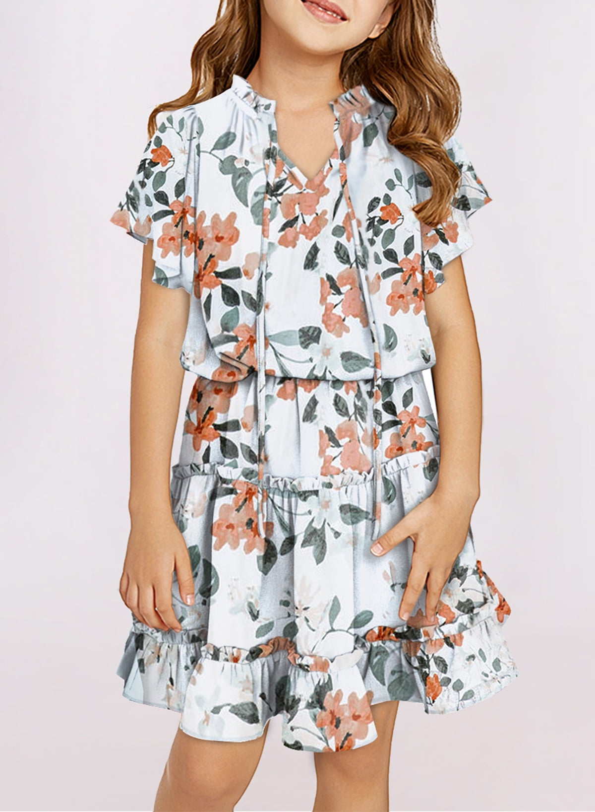 KISSMODA Girls Summer Short Sleeve Midi Dress Flower Printed V Neck ...