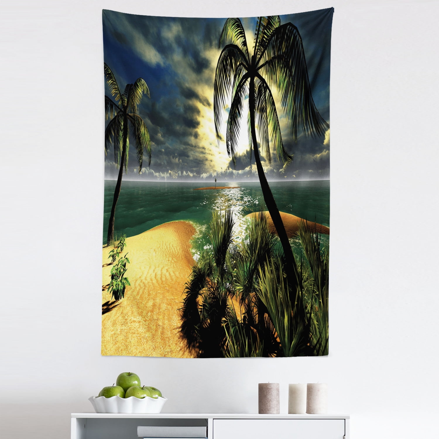 Beach Tapestry, Hawaiian Sunset Scenery Tropical Sandy Coast and Palm ...