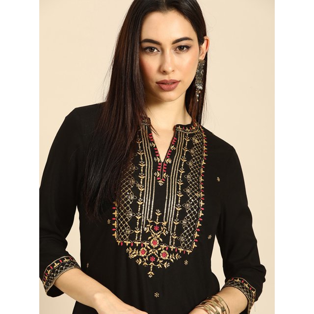 Anouk By Myntra Women Viscose Rayon Party Wear Black Ethnic Motifs