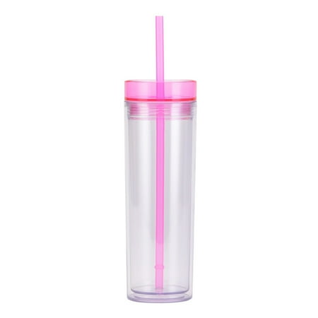 450ml transparent double-layer straw cup with colored lid, double-layer ...