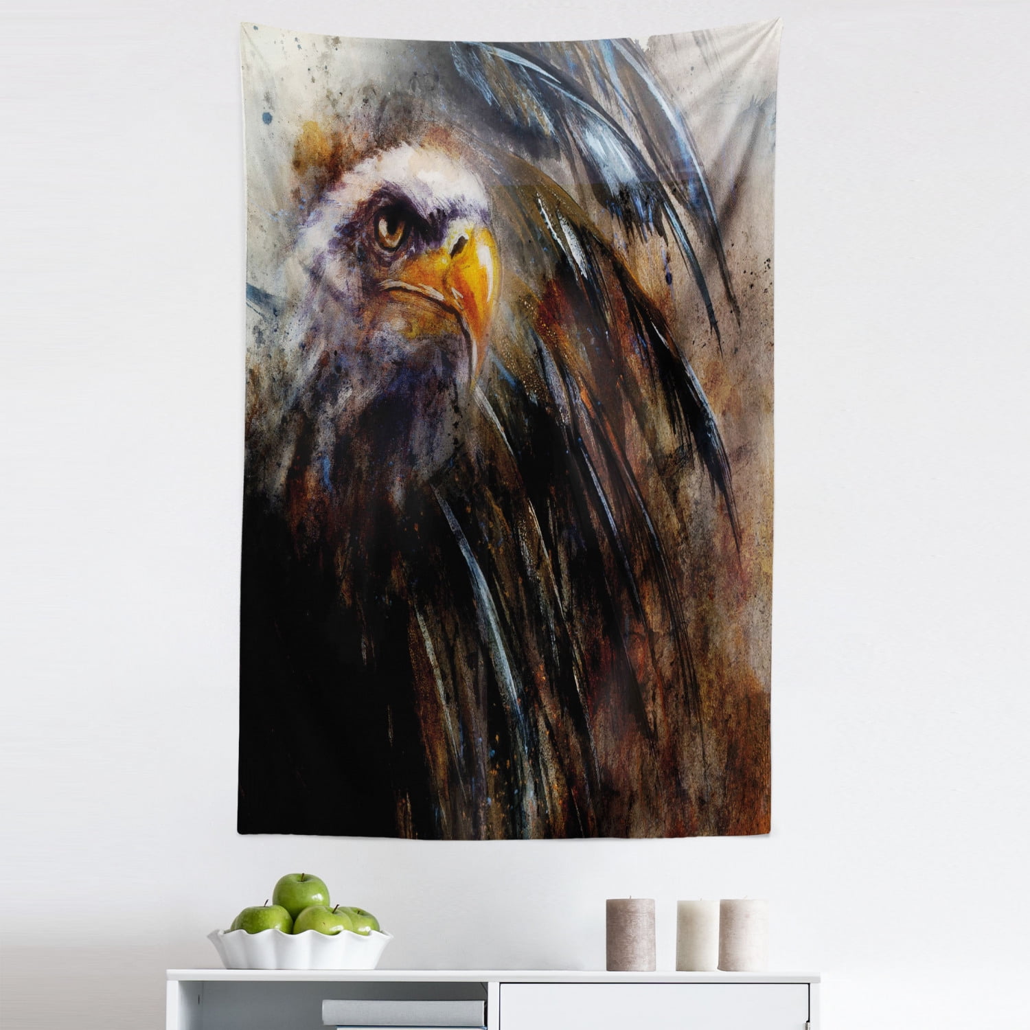 Eagle Tapestry, Painting Style Bird Dark Feathers on Abstract Backdrop ...